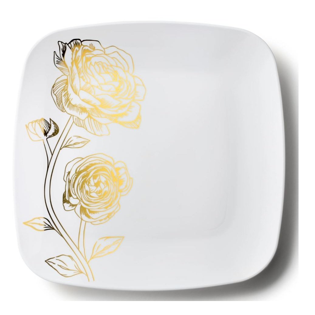 10 White & Gold Square Reusable Plastic Plate 26cm - Peony